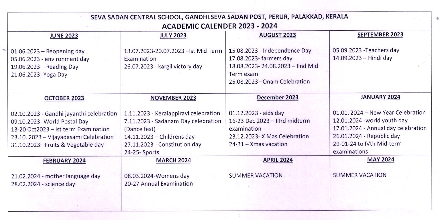 Academic Calendar – Seva Sadan Central School